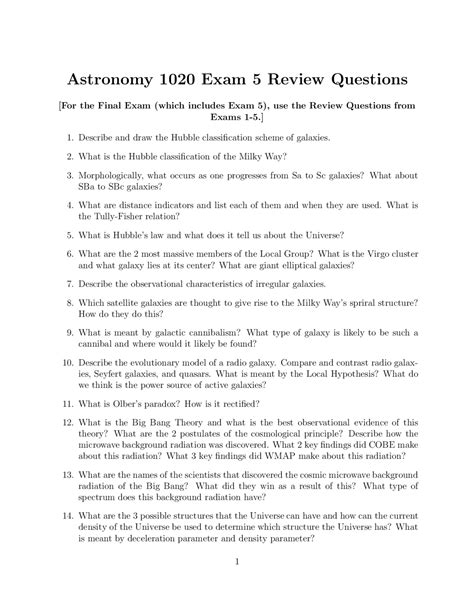 Exam 5 Review Questions For Astronomy Ii Astr 1020 Docsity