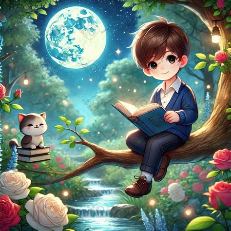 بک گراند کودکانه پسر نوجوان کتاب در دست روی شاخه درخت و گربه با مزه روی