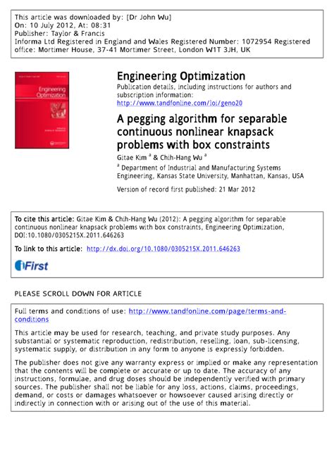 Pdf A Pegging Algorithm For Separable Continuous Nonlinear Knapsack Problems With Box Constraints