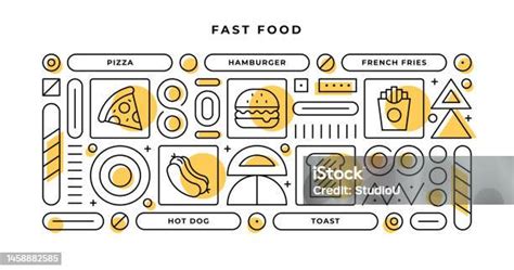 기하학적 모양과 피자 햄버거 핫도그 토스트 라인 아이콘이 있는 패스트푸드 인포그래픽 개념 프렌치 프라이에 대한 스톡 벡터 아트