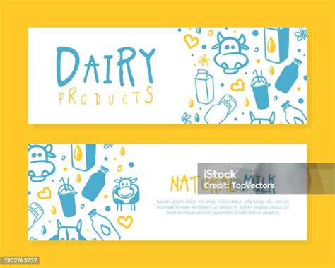 유제품 배너 템플릿 천연 우유 브로셔 전단지 포스터 카드 포장 손으로 그린 벡터 일러스트 0명에 대한 스톡 벡터 아트 및 기타