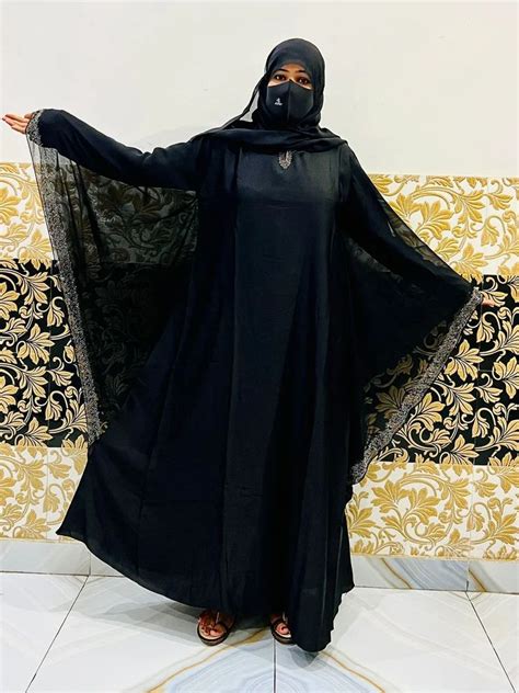 Jet Black Embellished Kaftan Nida Women Burkha Casual Wear Size Free