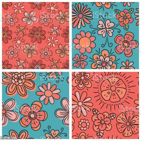완벽 한 꽃 패턴 집합입니다 꽃입니다 색 벡터 배경입니다 여름 및 봄 인쇄 개체 그룹에 대한 스톡 벡터 아트 및 기타 이미지 개체 그룹 귀여운 그리기 Istock