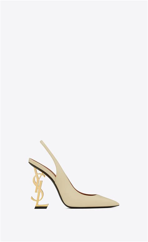 Saint Laurent Opyum Slingback Pumps In Smooth Leather With A Gold Tone Heel In Natural Lyst