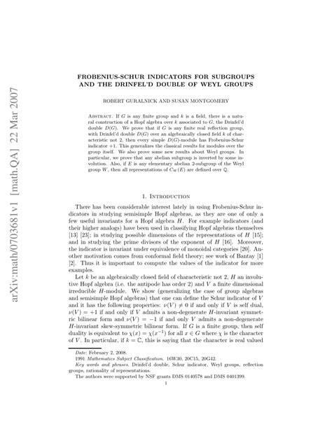 Pdf Frobenius Schur Indicators For Subgroups And The Drinfeld Double Of Weyl Groups