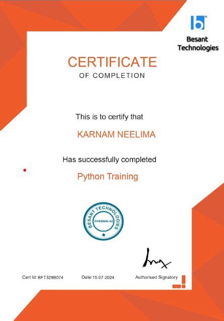 finished python course at besant technologies neelima karnam posted