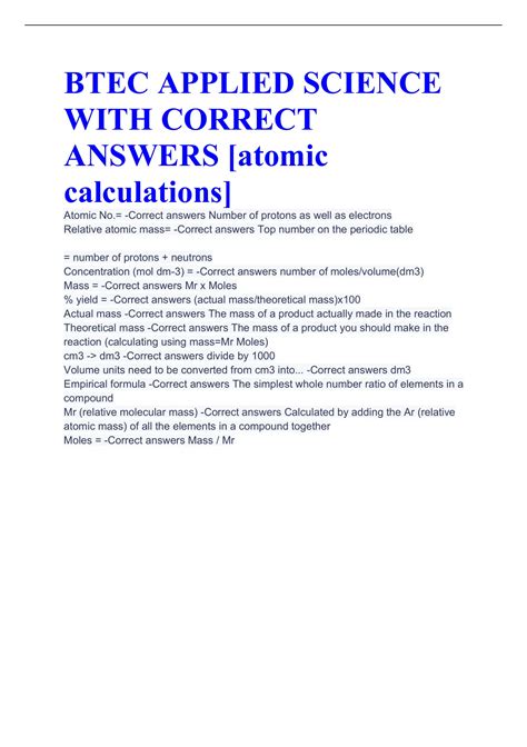 Btec Applied Science Calculations Course Unit 13 Applications Of Inorganic Chemist Stuvia Us