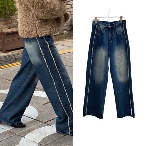 디얼코지 [빈티지 체형커버] 두줄 배색 포인트 와이드 롱 데님팬츠