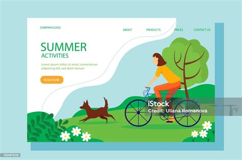 공원에서 개와 함께 자전거를 타고 여자 활동적인 라이프 스타일 야외 활동의 개념 플랫 스타일로 귀여운 여름 일러스트 개에 대한 스톡 벡터 아트 및 기타 이미지 Istock