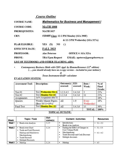 1008 Short Form Course Outline Fall2023 Pdf Present Value Interest