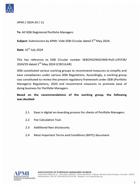 Apmi Circular 11 Submissions By Apmi Vide Sebi Circular Dated 2nd May24 Pdf Investing Banks