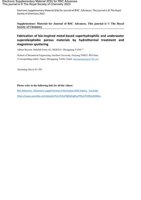 Pdf Fabrication Of Bio Inspired Metal Based Superhydrophilic And Underwater Superoleophobic