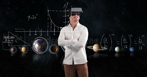 using vr headset man exploring virtual solar system and mathematical