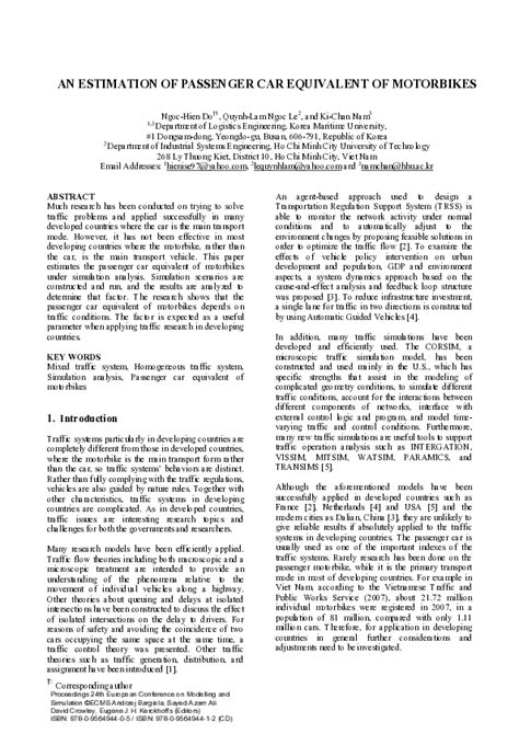 Pdf An Estimation Of Passenger Car Equivalent Of Motorbikes Quỳnh Ngọc