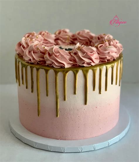 Pink And Gold Drip Cake With Rosettes Buttercream Birthday Cake Cake Frosting Designs Cake