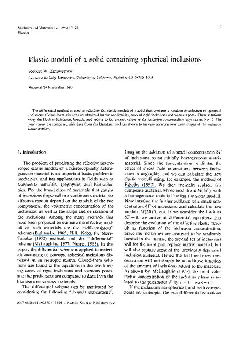 Pdf Elastic Moduli Of A Solid Containing Spherical Inclusions
