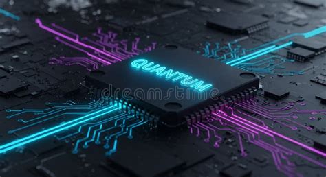Quantum Computing Neon Chip On Motherboard With Hightech Data Streams Stock Illustration