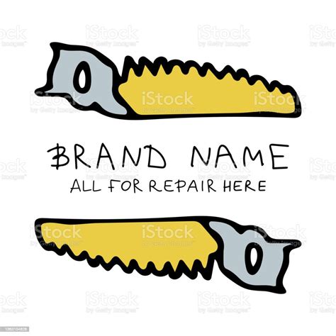 트렌디 한 색상의 로고 노란색은 위아래로 톱으로 그 사이에 텍스트가 있습니다 건설 상점을 광고하기위한 템플릿입니다 벡터