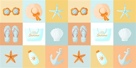 여름 모자이크 완벽 한 패턴과 다양한 해변 요소 선글라스 조개껍데기 선크림 앵커 플립플롭이 있는 밝은 해변 배너 다양한 해변 요소가 있는 해상 여름 콜라주 개념에 대한 스톡