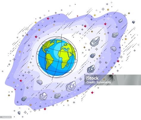 별 혜성 소행성 및 기타 요소로 둘러싸인 공간에서 행성 지구 끝 없는 우주에 있는 작은 땅 얇은 라인 3d 벡터 일러스트 레이 션 흰색 절연 0명에 대한 스톡 벡터 아트 및
