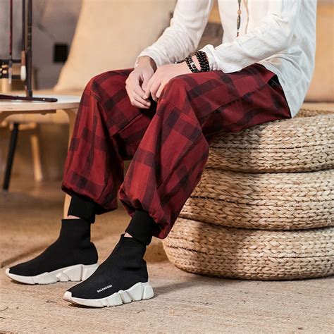Streetwear 붉은 격자 무늬 바지 남성 조깅 2022 가을 남성 스트레이트 하렘 바지 남성 한국어 힙합 바지 남성 플러스