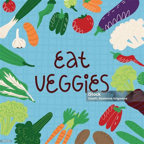 채소 광고 배너 레시피 템플릿을 먹습니다 파란색 타탄 식탁보 다양한 야채와 채소 프레임과 귀여운 손 글자 벡터 손으로 그린 그림