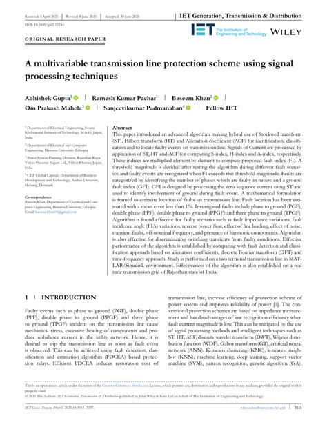 Pdf A Multivariable Transmission Line Protection Scheme Using Signal