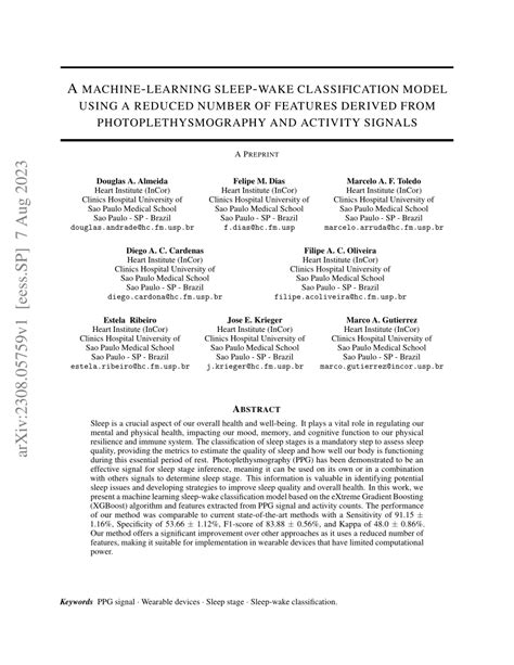Pdf A Machine Learning Sleep Wake Classification Model Using A Reduced Number Of Features
