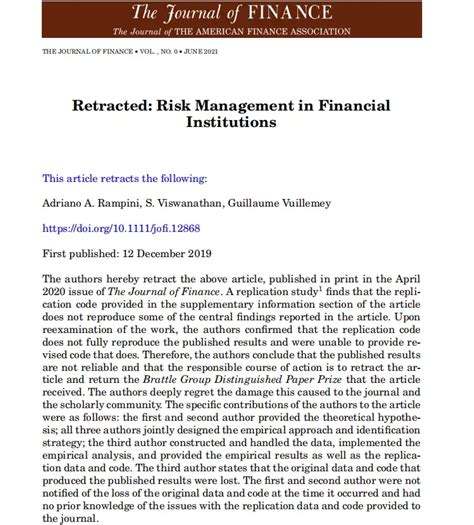 罕见！金融学顶刊《journal Of Finance》首次撤回论文！曾获杰出论文奖 知乎