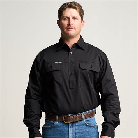 Kilcoy Mens Half Button Long Sleeve Work Shirt Black