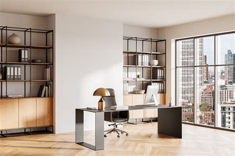 미니멀한 가구와 대낮에는 도시 경관이 내려다보이는 대형 창문이 있는 현대적인 사무실 인테리어입니다 3d 렌더링 0명에 대한 스톡 사진 및 기타 이미지 Istock