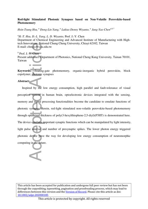 Pdf Red‐light‐stimulated Photonic Synapses Based On Nonvolatile Perovskite‐based Photomemory