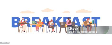 아침 식사를 하는 어린이 캐릭터 시리얼을 우적우적 씹고 패스트 푸드를 먹고 주스를 마시고 유쾌하게 수다를 떨고 배너 가정 생활에 대한 스톡 벡터 아트 및 기타 이미지