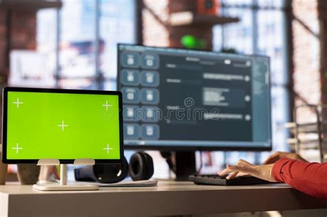 Woman Interacting With Intelligent Ai Chatbot On Pc Next To Mockup Display Stock Image Image