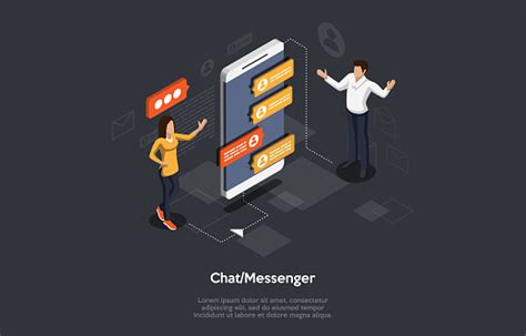 등등 분석 요소와 사람과 벡터 만화 3d 스타일 디자인 스마트 폰의 화면에 채팅 메신저 프로그램 응용 프로그램 텍스트와 대화