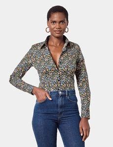 Womens Fitted Black And Yellow Floral Shirt Hawes And Curtis