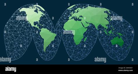 Illustration Of Global Network Interrupted Homolosine Projection Green Low Poly World Map With
