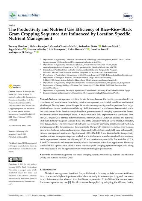 Pdf The Productivity And Nutrient Use Efficiency Of Ricericeblack Gram Cropping Sequence Are