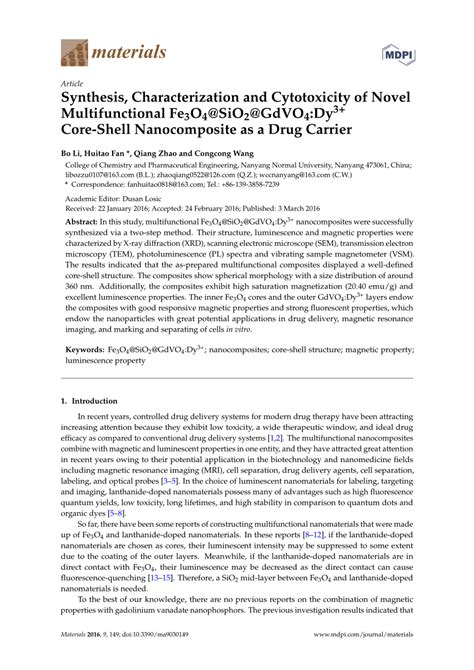 Pdf Synthesis Characterization And Cytotoxicity Of Novel Multifunctional Fe3o4 Sio2 Gdvo4 Dy3
