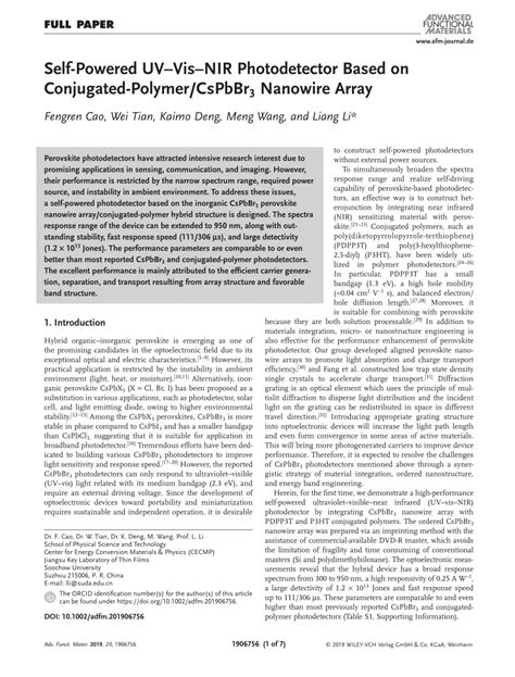Self‐powered Uvvisnir Photodetector Based On Conjugated‐polymercspbbr3 Nanowire Array