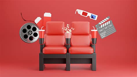 팝콘 클랩보드 3d 유리 릴이 있는 빨간 시네마 의자의 3d 렌더링 3차원 형태에 대한 스톡 사진 및 기타 이미지 3차원 형태 배경 주제 빨강 Istock