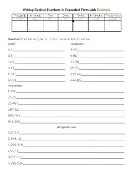 Writing Decimal Numbers In Expanded Form WORKSHEET For Babes