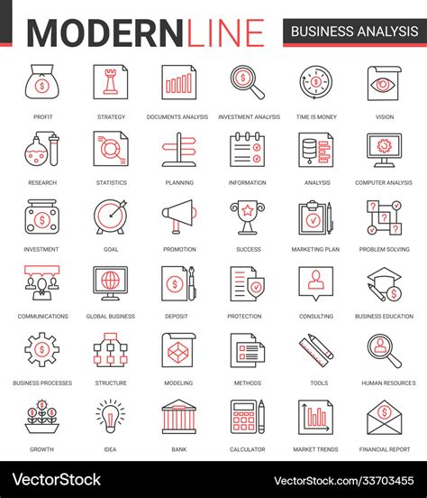 Business Analytics Flat Thin Red Black Line Icons Vector Image