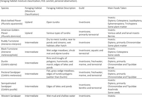 Overview Of Breeding Season Foraging Habitat Guild And Main Food