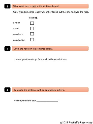 Sats Style Grammar Test Questions Word Classes Teaching Resources