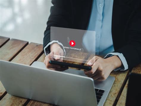 Online Video Tutorial Concept Red Play Icon On Video Tutorial Virtual