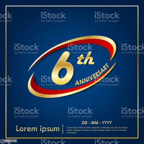 6 주년 기념 엠블럼 파란색 배경에 빨간 반지와 기념일 우아함 황금 로고 웹 축하 인사말 카드 및 초대 카드에 대한 벡터 일러스트 템플릿 디자인 0명에 대한 스톡 벡터 아트