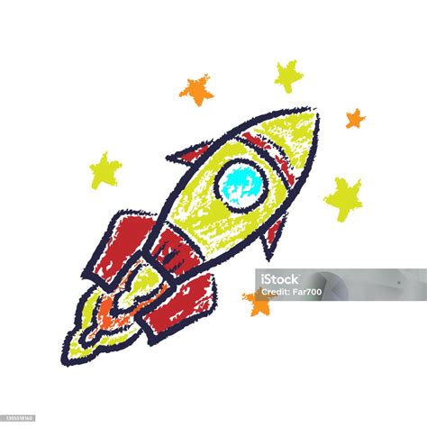 우주 로켓 아이콘 컬러 펜슬 실루엣 측면 보기입니다 벡터 간단한 평면 그래픽 손으로 그린 그림 흰색 배경의 격리된 개체입니다 격리 로켓에 대한 스톡 벡터 아트 및 기타