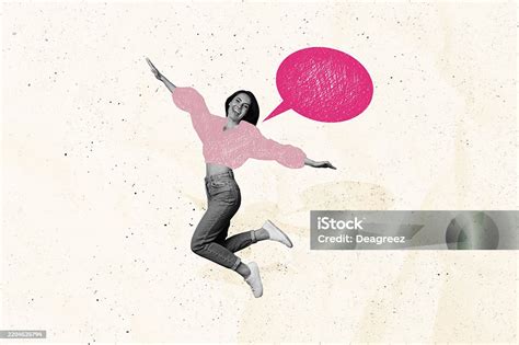 3d 사진 콜라주 트렌드 삽화 스케치 이미지 연설 거품 텍스트 박스 마음 구름 블랙 화이트 매력적인 레이디 행복 도약 이야기 소셜 미디어 30 34세에 대한 스톡 사진 및