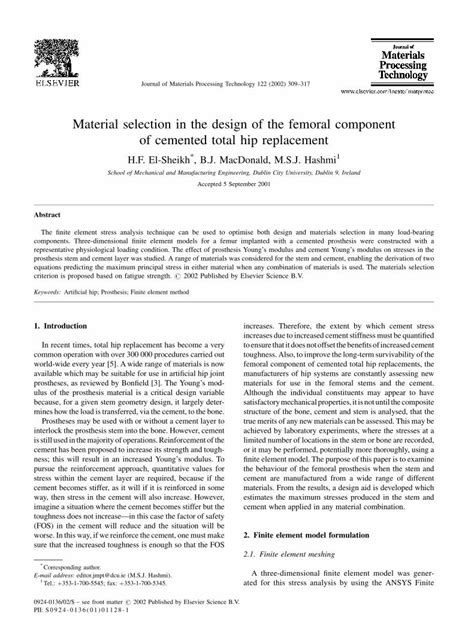 Pdf Material Selection In The Design Of The Femoral Component Of Cemented Total Hip